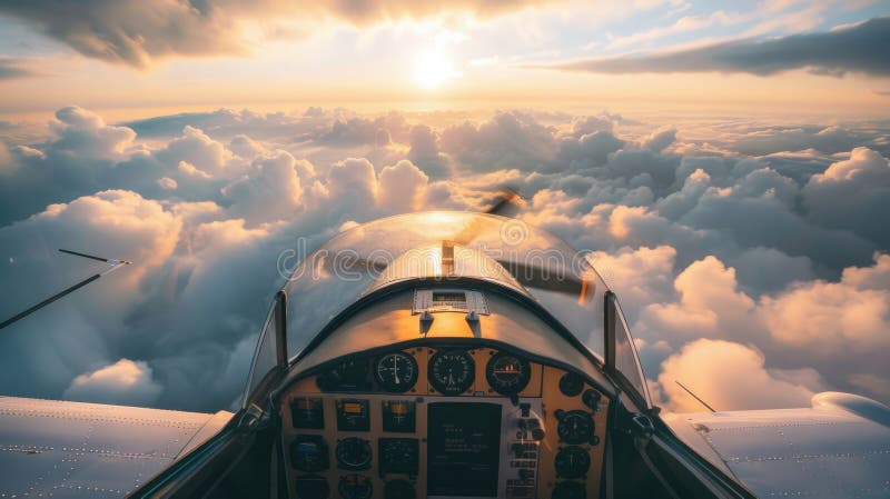 A Pilot is View from the Cockpit of an Airplane Flying Above the Clouds ...