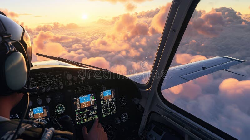 A Pilot is View from the Cockpit of an Airplane Flying Above the Clouds ...