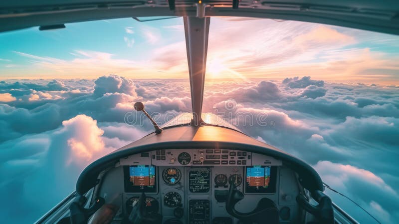 A Pilot is View from the Cockpit of an Airplane Flying Above the Clouds ...