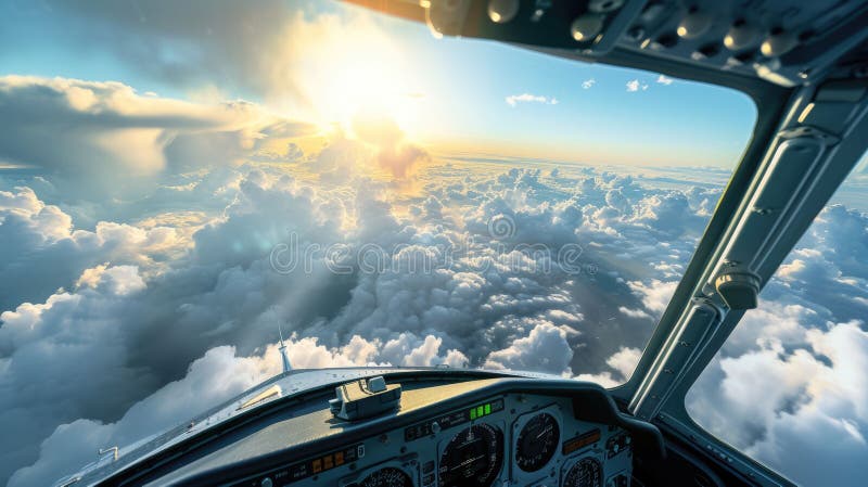 A Pilot is View from the Cockpit of an Airplane Flying Above the Clouds ...