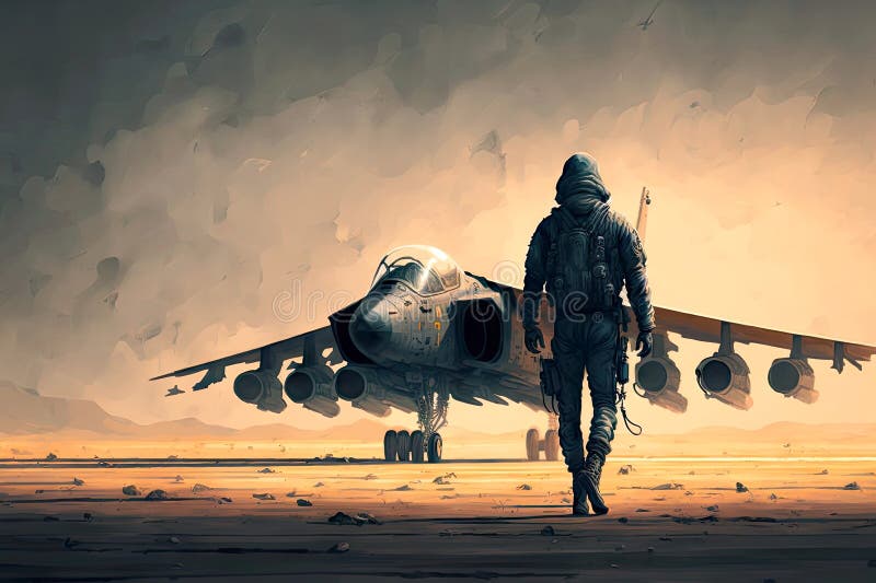 Pilot Walks Down Runway Towards His Fighter Jets Stock Illustration ...