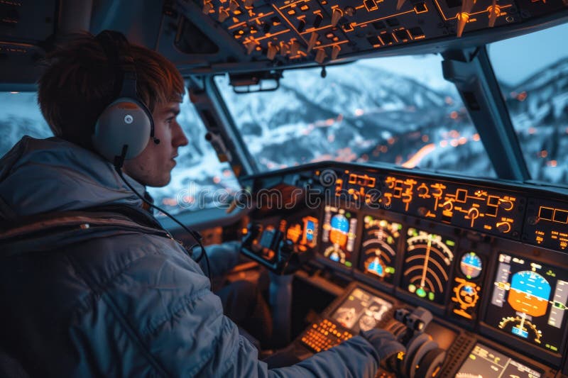 Pilot in Cockpit Flying Over Snowy Mountains at Night Stock ...