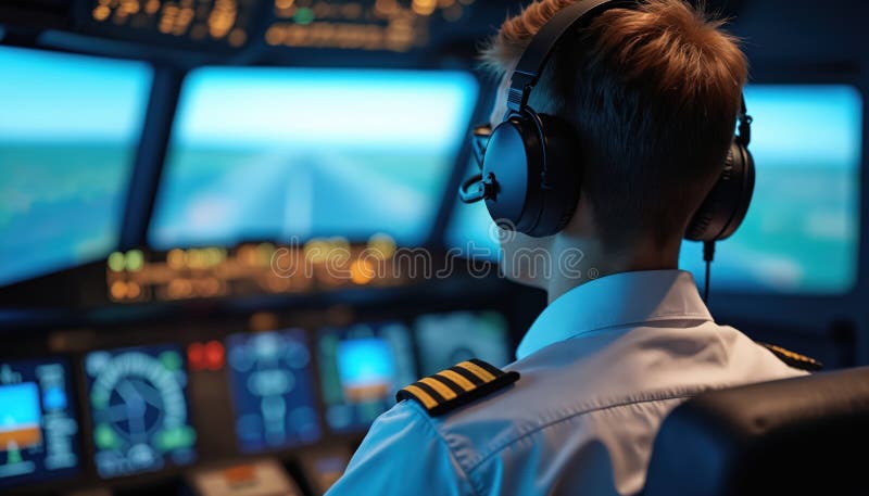 Pilot Wearing Headset, Focused Observing Flight Simulator Screen ...