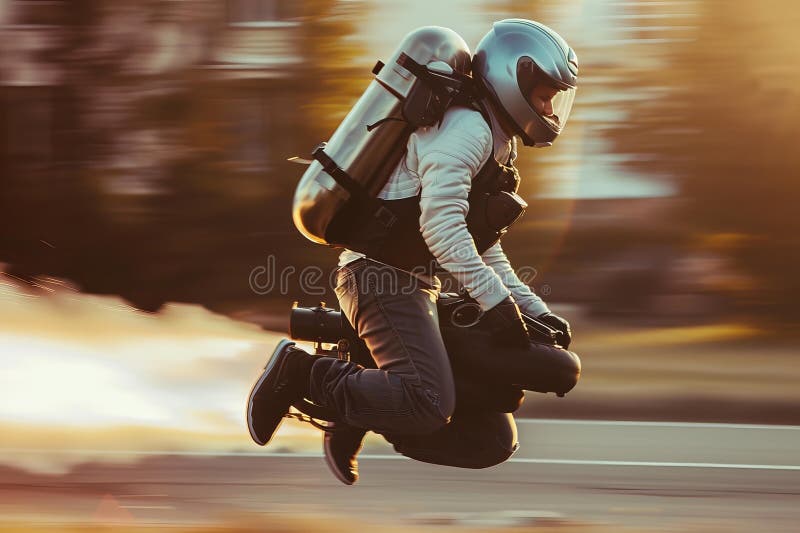 Pilot is Flying with a Jetpack Over a Road at Sunset Stock Photo ...
