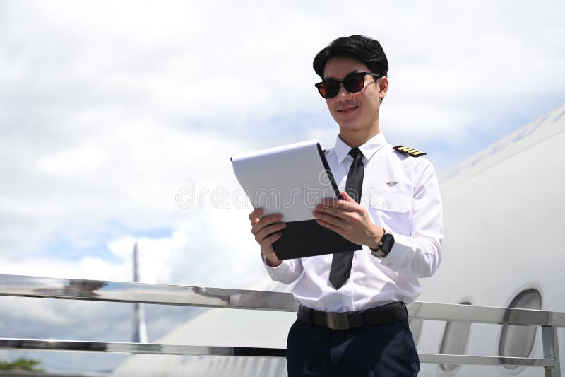Pilot Wearing Sunglasses Reading Paper while Standing beside an ...
