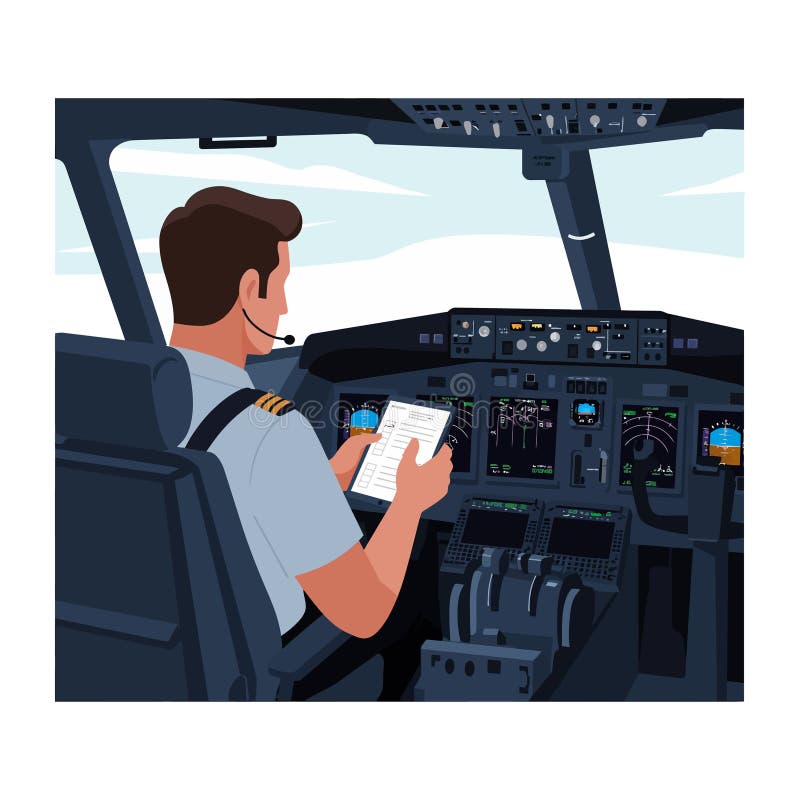 Pilot Reading Checklist in Airplane Cockpit with Instrument Panels ...