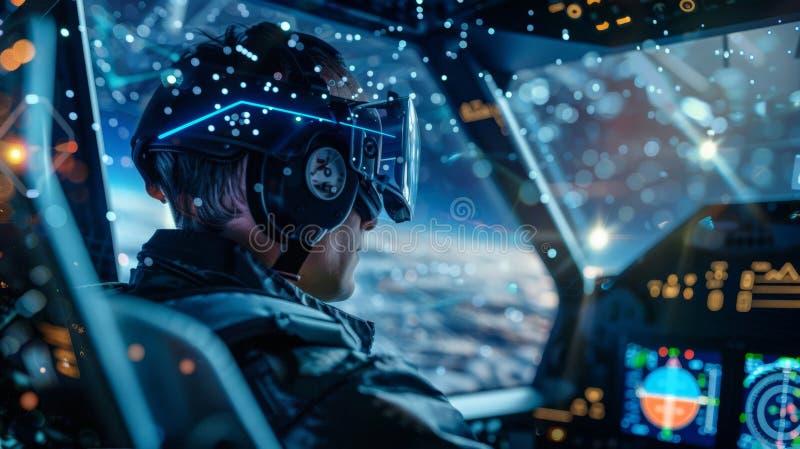 Pilot Wearing Virtual Reality Headset Flying Futuristic Aircraft or ...