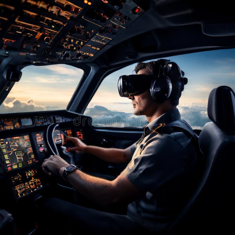 Pilot Using Virtual Reality Headset in Airplane Cockpit Stock Photo ...