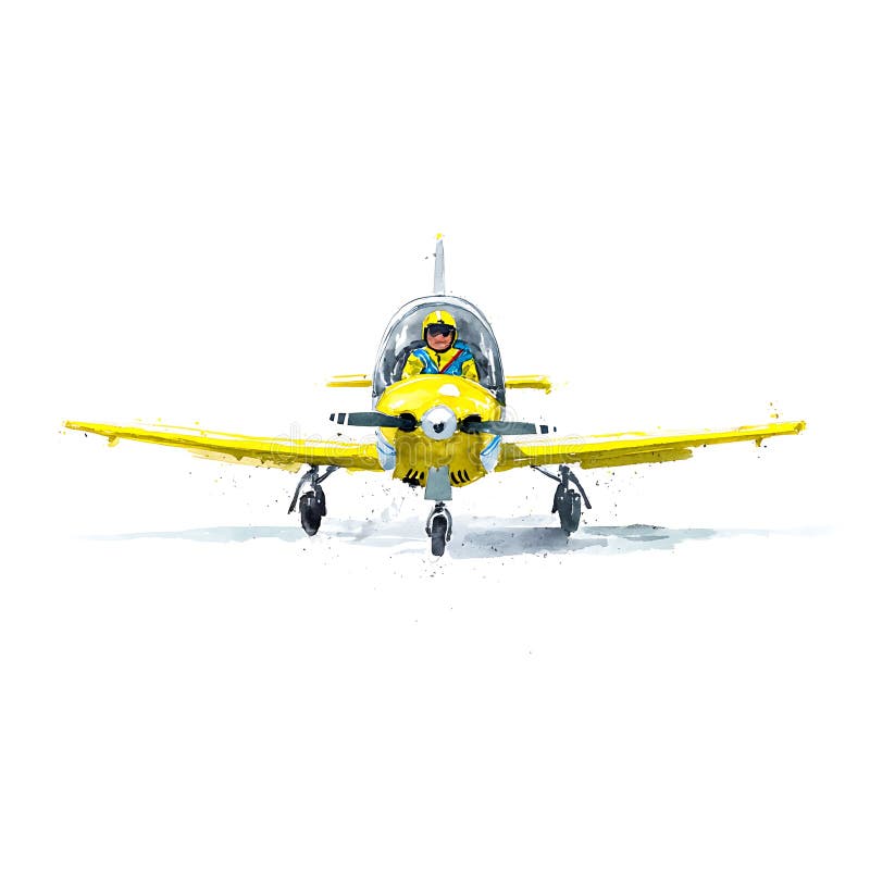 A Pilot in a Yellow Airplane Front View Watercolor Illustration Stock ...