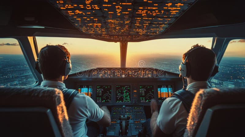 Pilots in Cockpit Navigating an Airplane at Sunset Stock Illustration ...