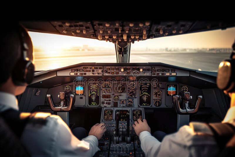 Pilots in Cockpit Preparing for Takeoff at the Airport. Created with ...