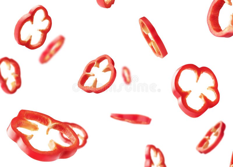 Pimenta Vermelha Doce Fatiada E Caindo Sobre Fundo Branco Imagem de ...