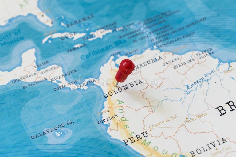 A Pin on Colombia in the World Map Stock Image - Image of departure ...