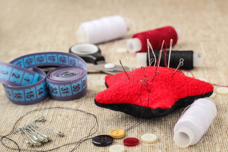 Pin Cushion with Needles, Thread Stock Image - Image of fabric, pins ...