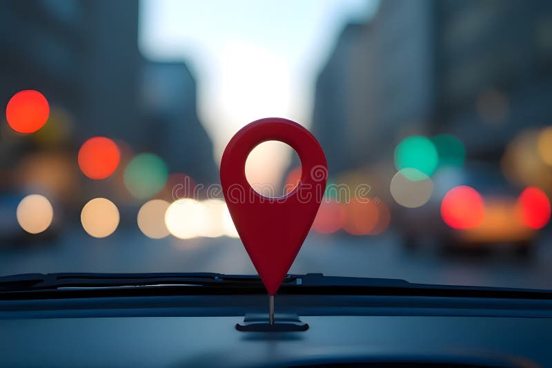 The Pin GPS Symbol on Car on the Road in the City Stock Photo - Image ...