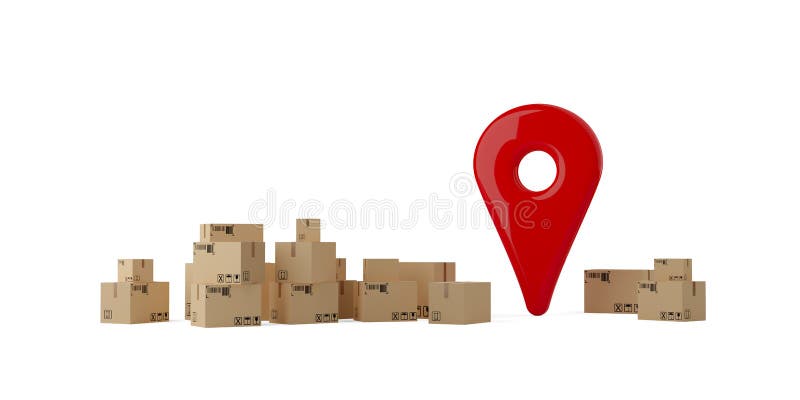 Pin Location Tracking Marker with Group of Many Cardboard Boxes or ...