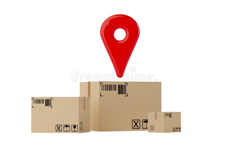 Pin Location Tracking Marker Over Group of Cardboard Boxes or Parcels ...