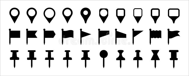 Pin Map Tag Icon Set. Push Pinned and Flag Sign. Pin Location Tagging ...