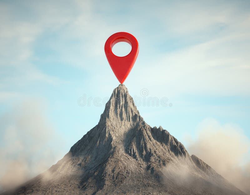 Pin on a Mountain Peak. Target Destination Concept Stock Image - Image ...