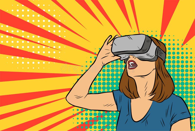 Pin Up Illustration of a Young Woman with Virtual Reality Goggle Mask ...