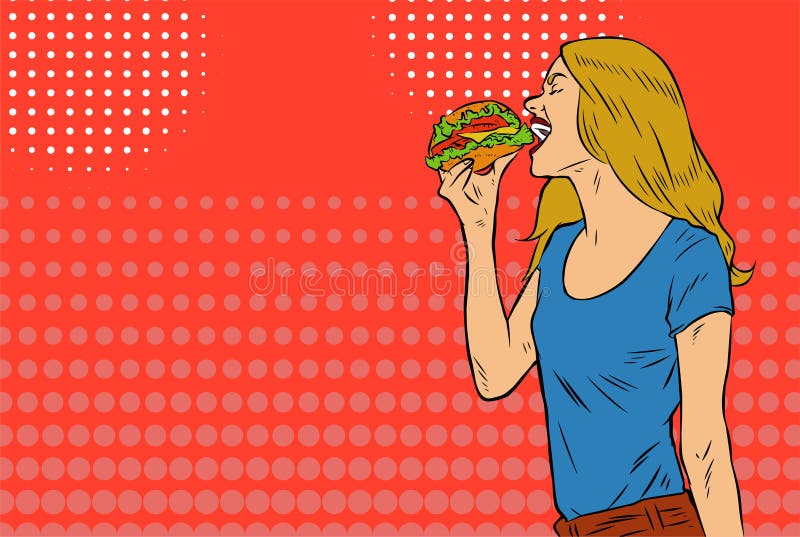 Pin Up Illustration of a Woman Eating Burger in Vector Retro Pop Comic ...