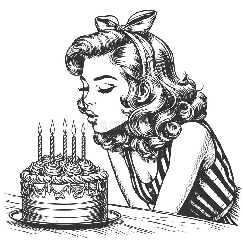 Pin Up Girl Blowing Out Birthday Candles Vector Stock Illustration