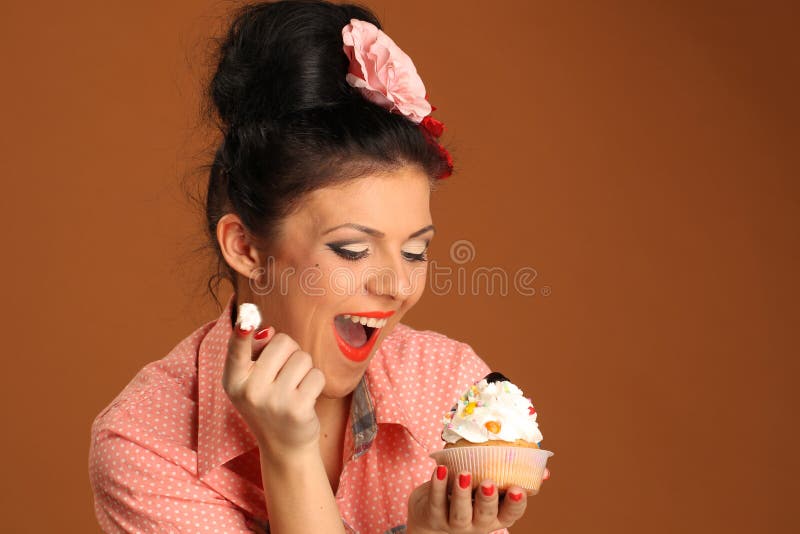 Pin up girl with cake stock photo. Image of face, holding - 41051010
