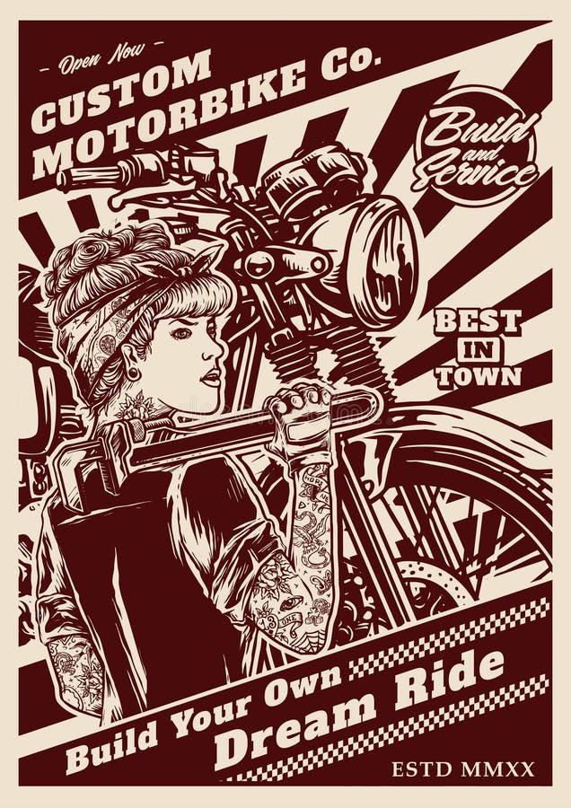 Vector of Pin Up Girl with a Retro Motorcycle Poster Design Stock ...