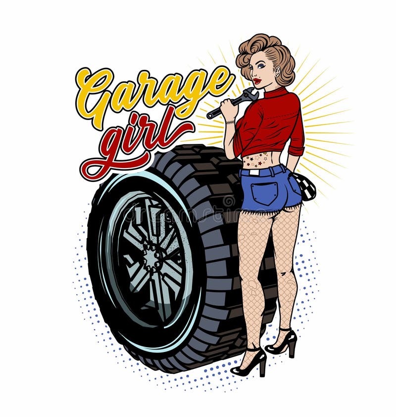 Pin Up Girl Illustration with Wheel. Garage Girl Stock Vector ...
