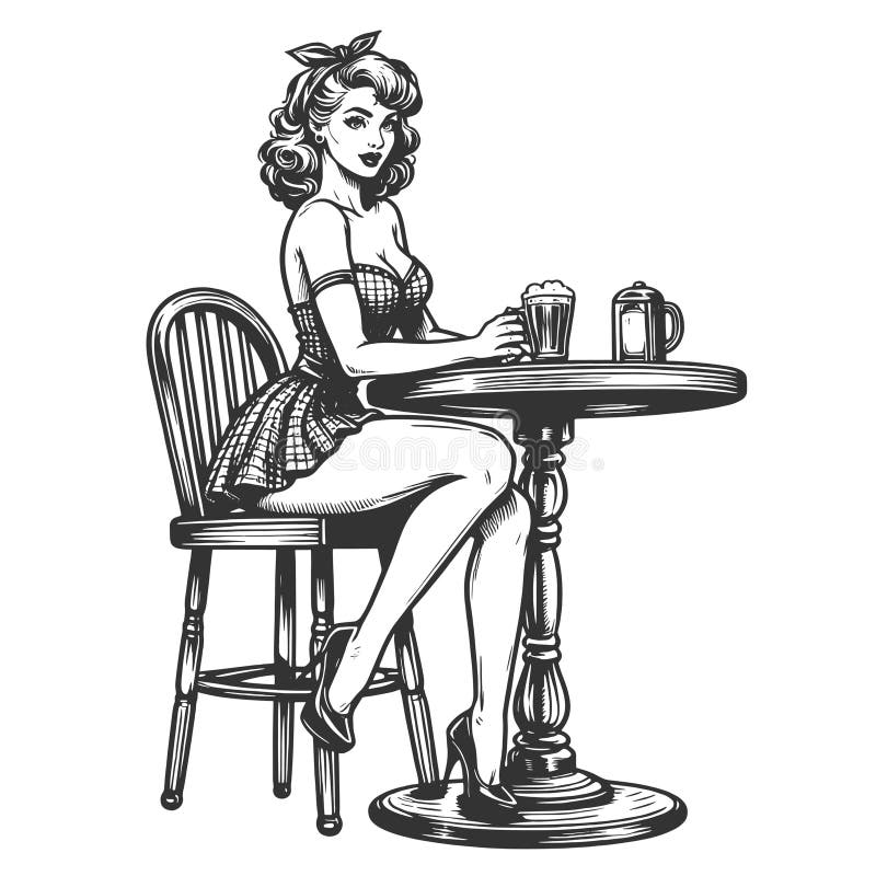 Pin Up Girl Sitting At Table Beer Engraving Vector Stock Illustration