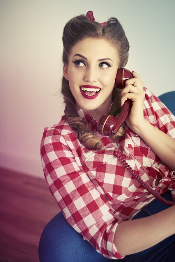 Pin-up girl stock photo. Image of enjoyment, facial, phone - 76318280