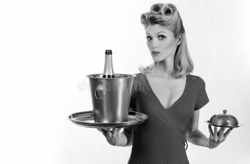 Wine Presentation Pin Up Waiter With Alcohol And Service Tray