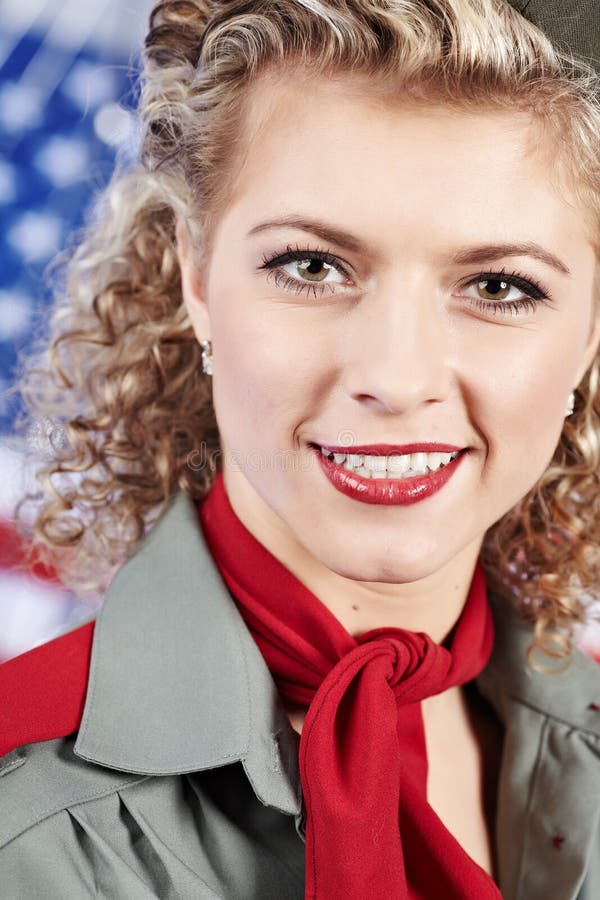 Pin-up Army Woman Standing Near the American Flag Stock Image - Image ...