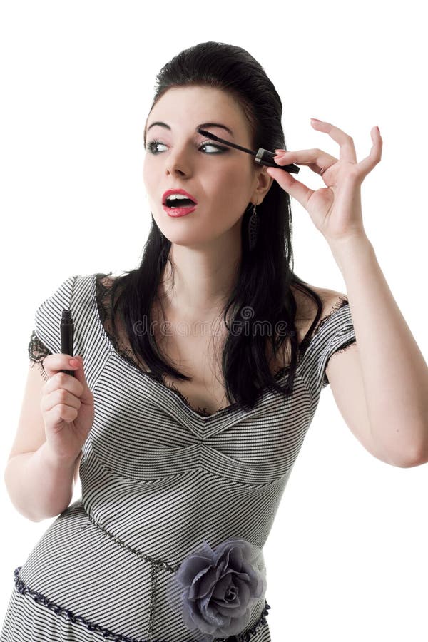 Pin-up Woman Applying Mascara Isolated Stock Photo - Image of brosche ...
