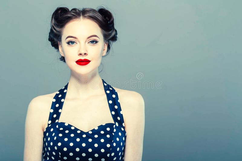Pin Up Woman Portrait Beautiful Retro Female In Polka Dot Dress With