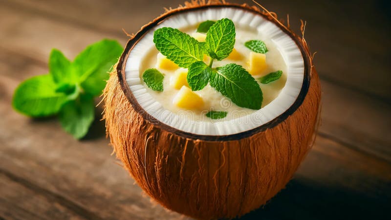 Pina Colada with a Mint Leaf, Served in a Coconut. the Drink Looks ...