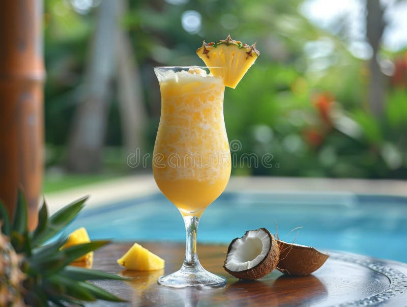 A Pina Colada with Pineapple and Coconut Standing on a Table by the ...