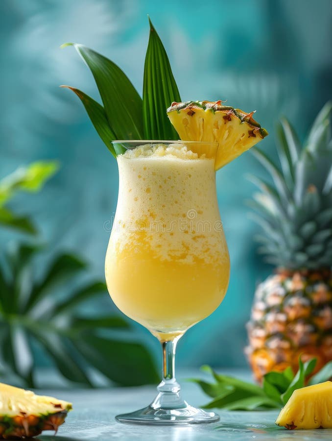 Pina Colada with Pineapple Garnish and Palm Leaves, Tropical Theme Stock Image - Image of ...