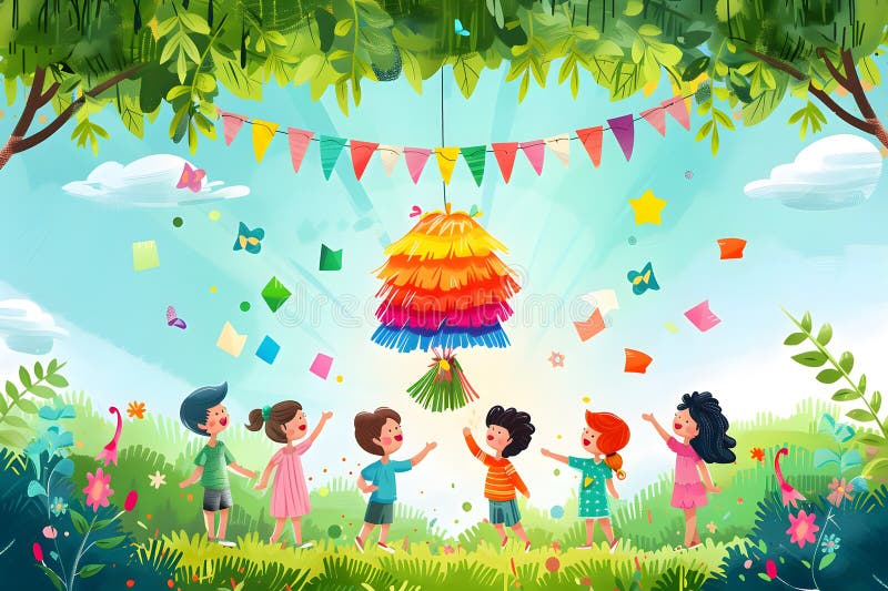 A Pinata Hanging from a Tree, with Children Reaching Out To Hit it Use ...