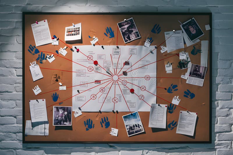 Pinboard with Map/diagram, Red Lines Connecting Points, Notes, Photos ...