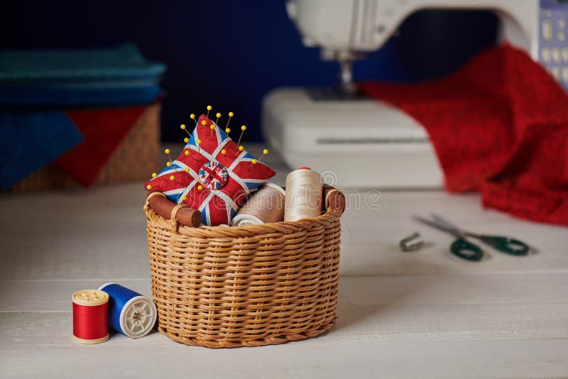 Pincushion Like Union Jack in a Wicker Basket, Sewing Machine, Sewing ...