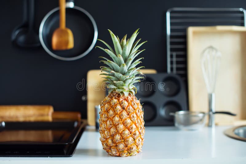 Pine Apple Tropical Fruit on Kitchen Table Preparation Stock Photo ...
