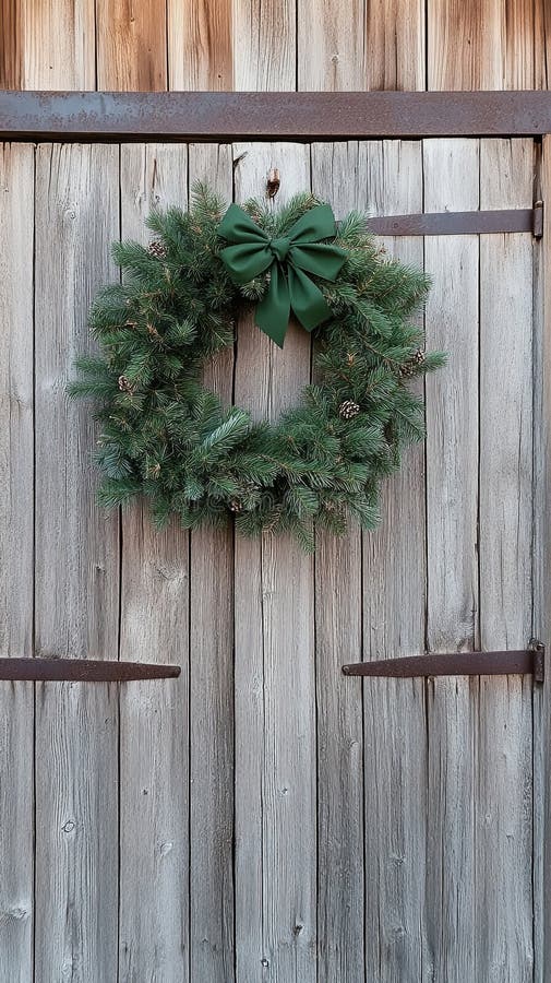 Pine Bough Wreath Hanging on Wooden Barn. Stock Image - Image of winter ...