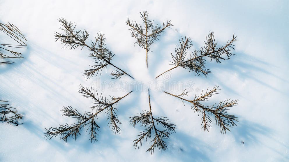 Pine Branches Creating Star Pattern Atop Pristine Snowfall, Winter ...