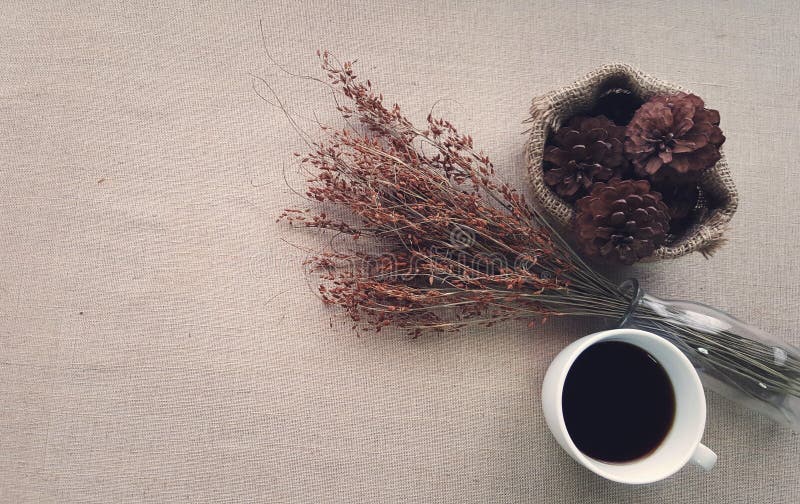 Pine Cone Decorations with Coffee Cup on Canvas Stock Photo - Image of ...