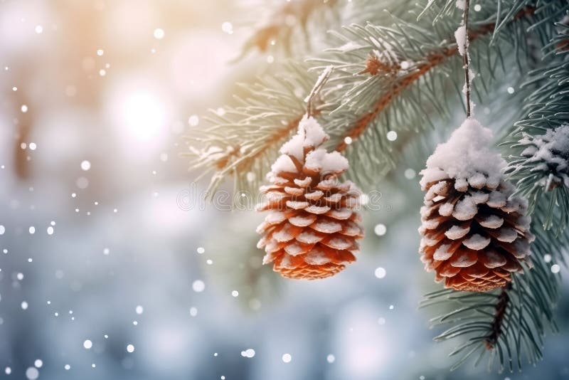 Pine Cone Hanging from Pine Tree. Winter Scene. Shallow Depth of Feld ...