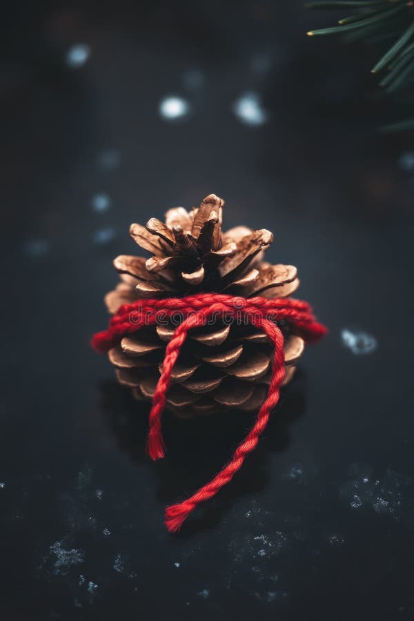 Pine cone with red ribbon stock photo. Image of string - 385110504