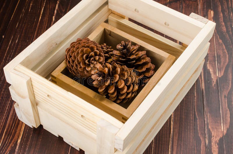 Pine cone in wooden box stock image. Image of wooden - 56848047
