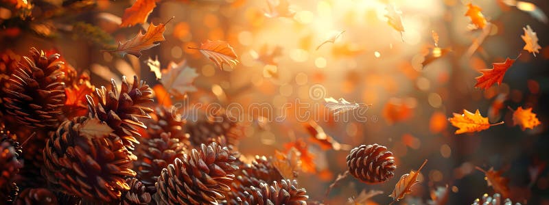 Pine Cones and Autumn Leaves Falling in a Forest Backdrop. Concept of ...