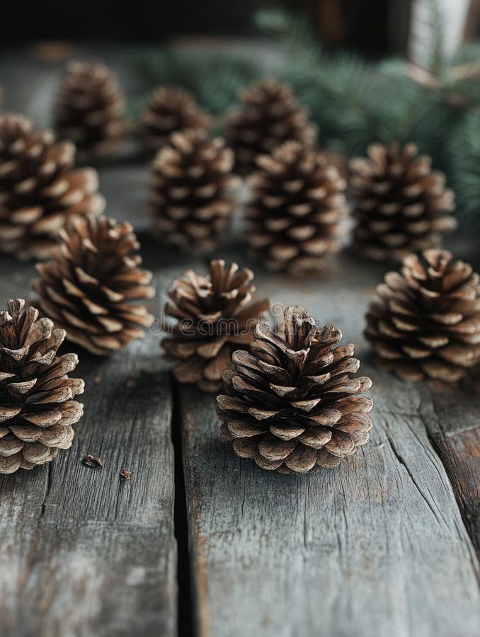 Pine Cones on Wooden Table stock image. Image of generated - 374842211